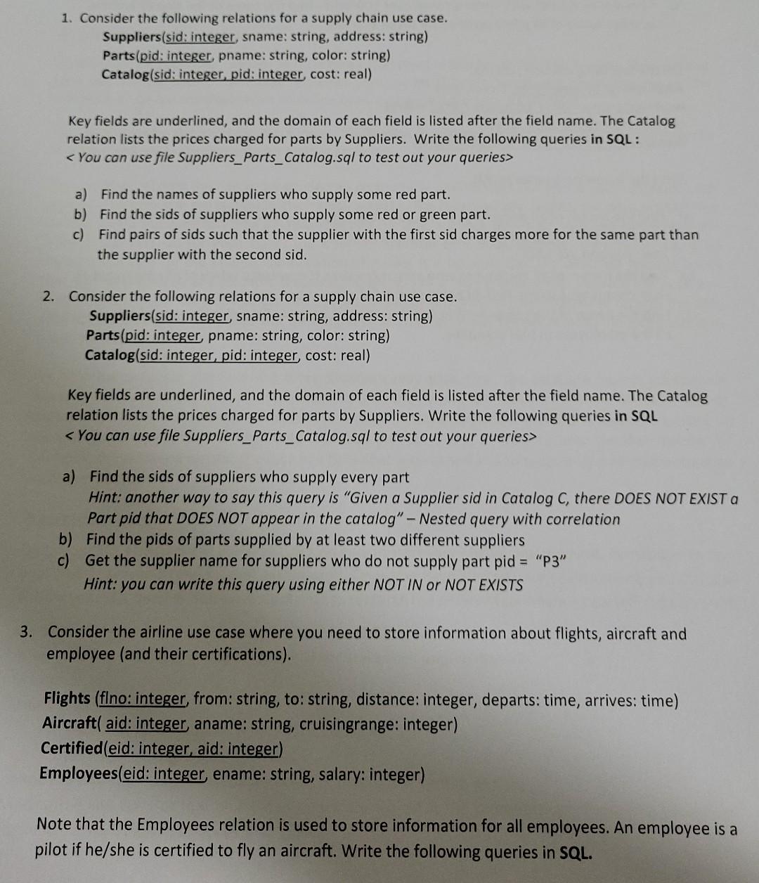 Solved Suppliers(sid: integer, sname: string, address: | Chegg.com