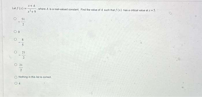 Solved Let f(x)=x2+9x+A, where A is a real-valued constant. | Chegg.com