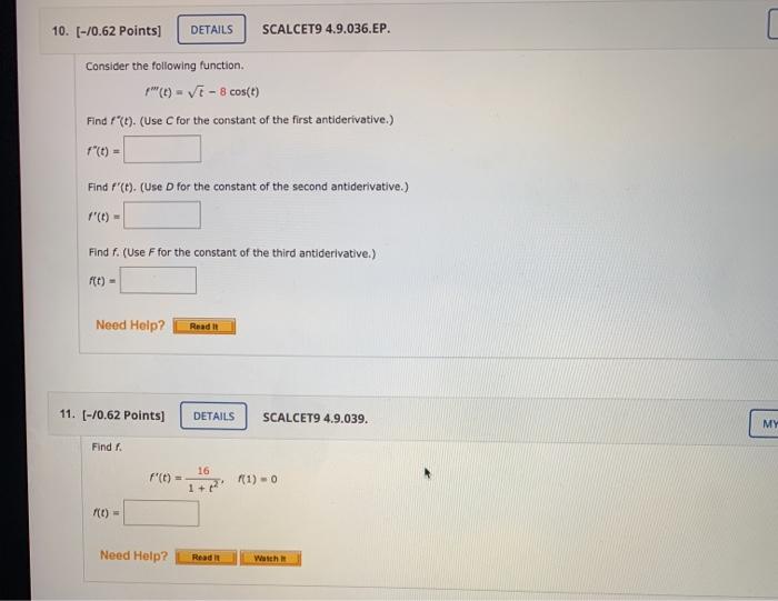 Solved 10. [-/0.62 Points] DETAILS SCALCET9 4.9.036.EP. | Chegg.com