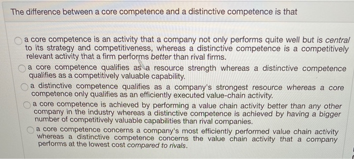 Solved The difference between a core competence and a | Chegg.com