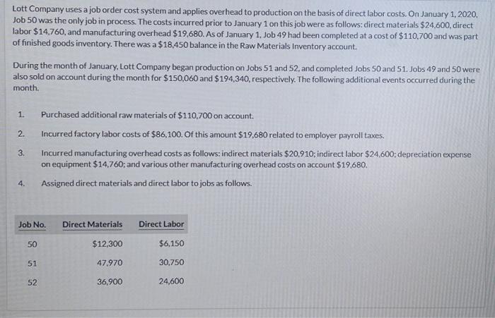 Solved Lott Company uses a job order cost system and applies | Chegg.com