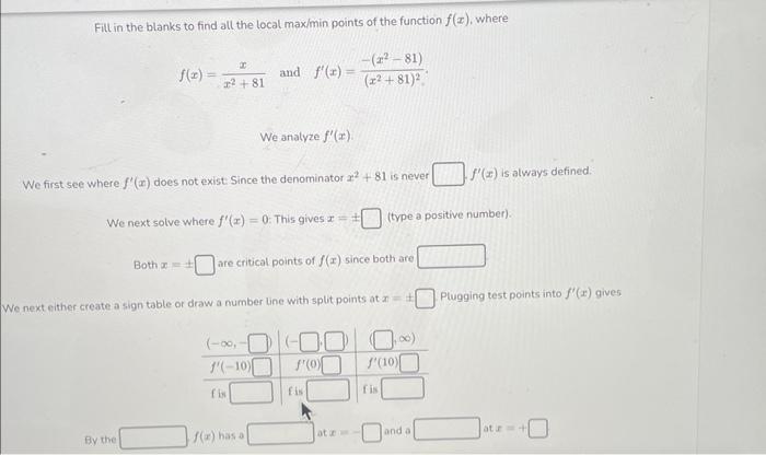Solved Fill in the blanks to find all the local max/min | Chegg.com
