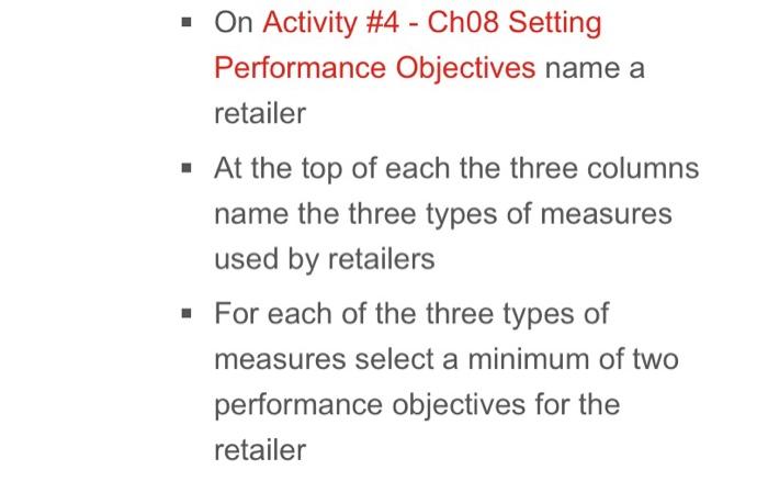 Solved • On Activity #4 - Ch08 Setting Performance | Chegg.com