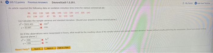 Solved 4. /0.12 points Previous Answers DevoreStat9 1..051. | Chegg.com