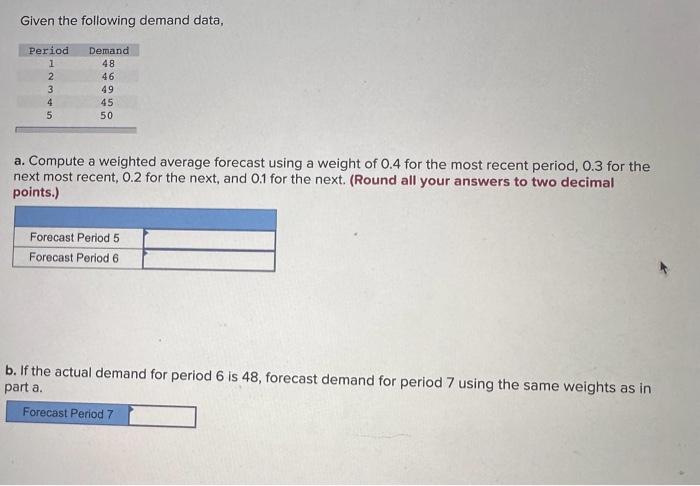 Solved Given the following demand data, a. Compute a | Chegg.com