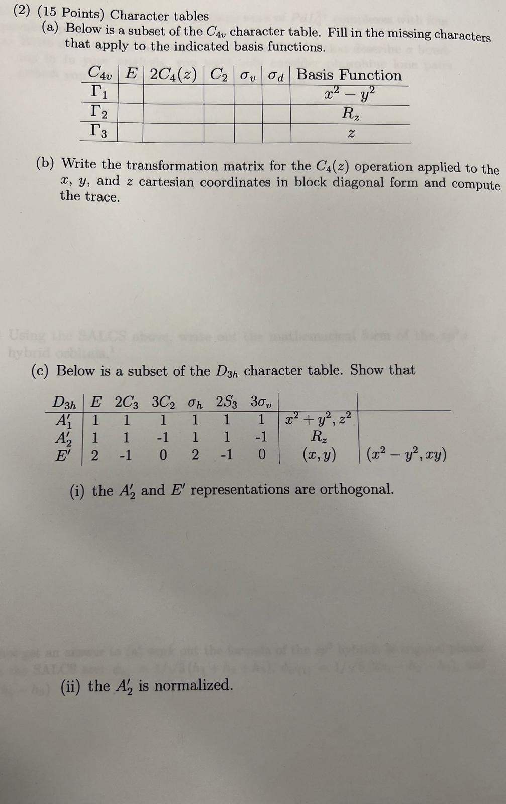 Solved (2) ﻿Character tables(a) ﻿Below is a subset of the | Chegg.com