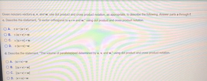 Solved Given nonzero vectors U, V, and w, use dot product | Chegg.com