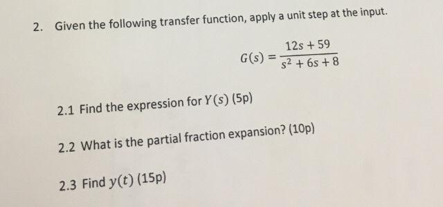 Solved 2. Given the following transfer function, apply a | Chegg.com