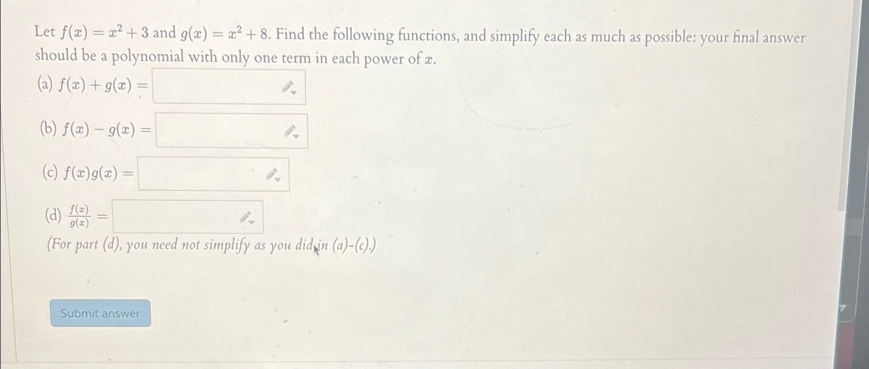 Solved Let f(x)=x2+3 ﻿and g(x)=x2+8. ﻿Find the following | Chegg.com
