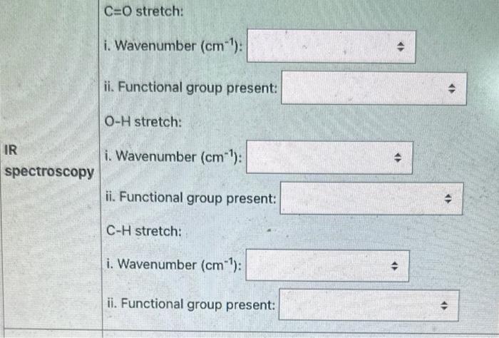 Solved C=O stretch: i. Wavenumber (cm−1) : ii. Functional | Chegg.com