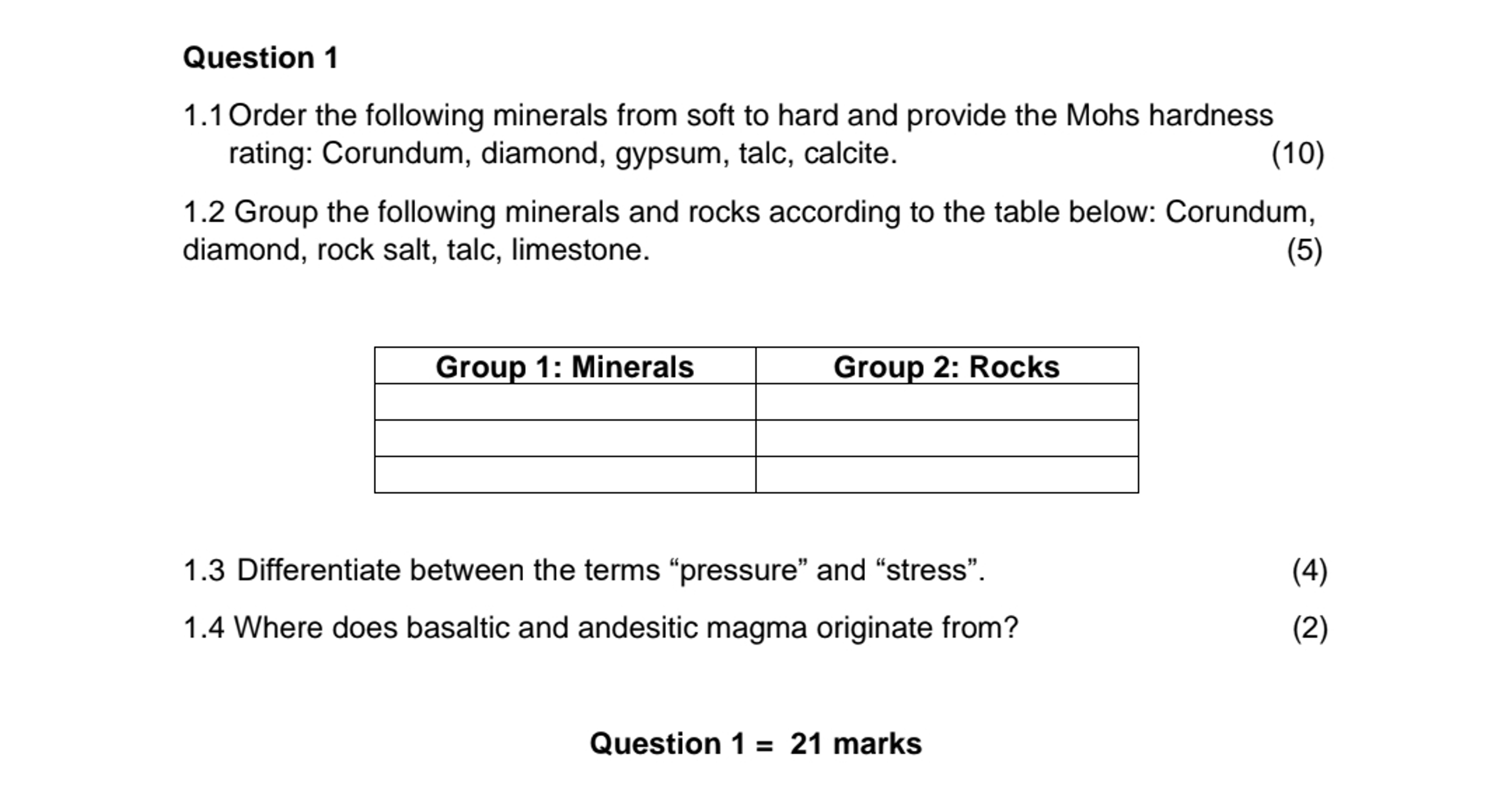 Solved Question 11.1 ﻿Order the following minerals from soft | Chegg.com
