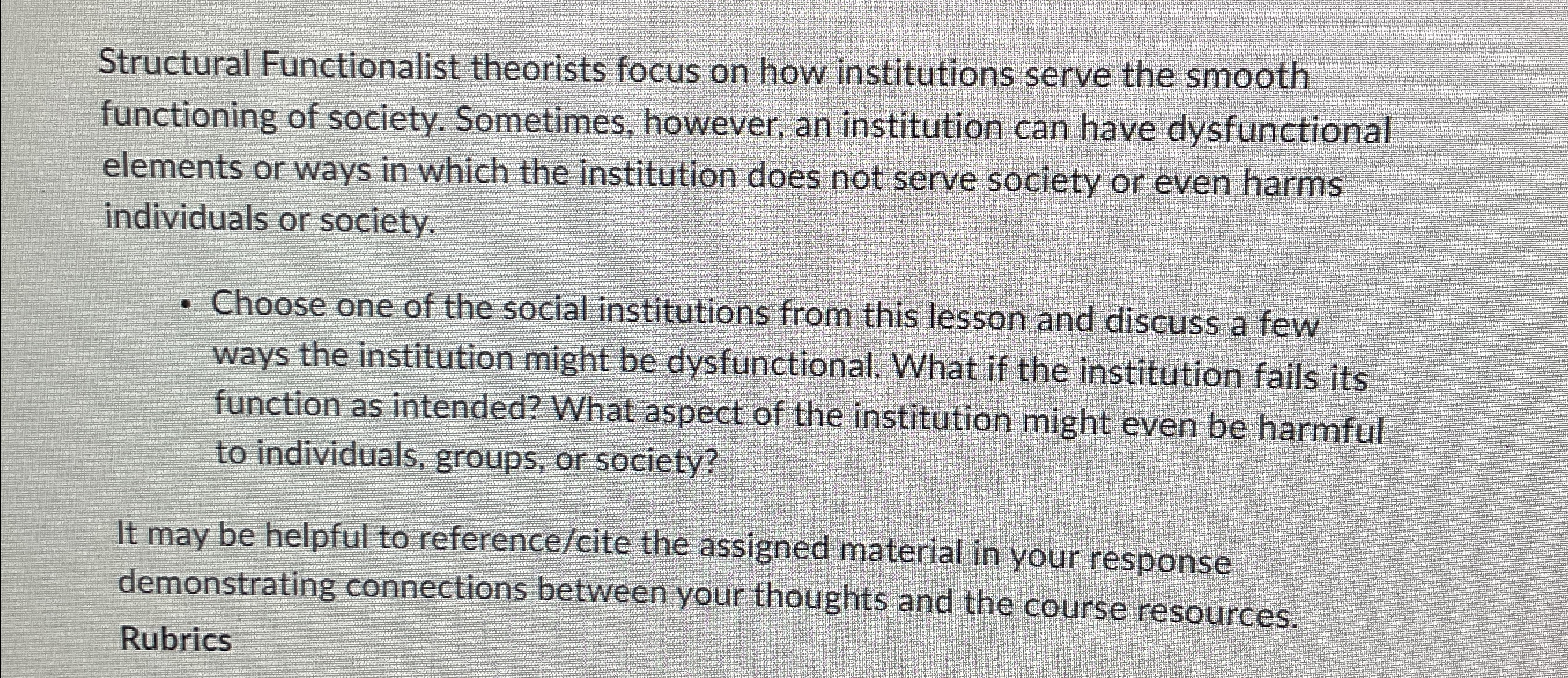 Solved QStructural Functionalist theorists focus on how | Chegg.com