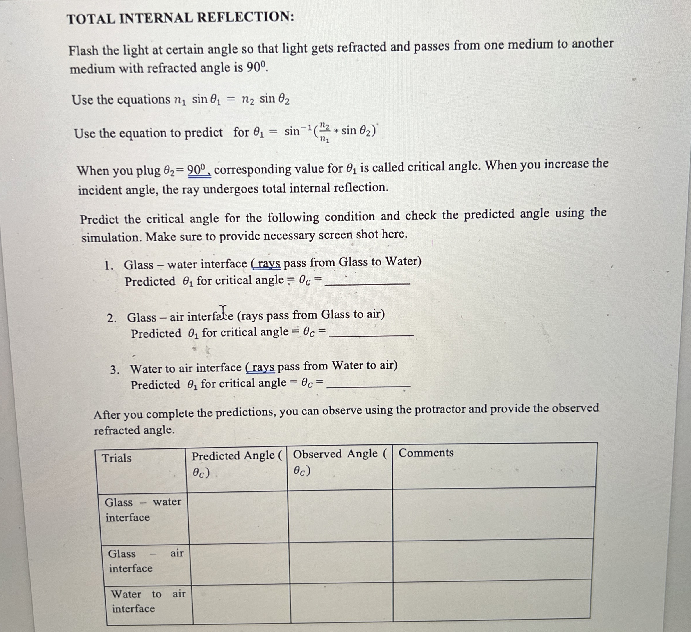 Solved TOTAL INTERNAL REFLECTION:Flash the light at certain | Chegg.com