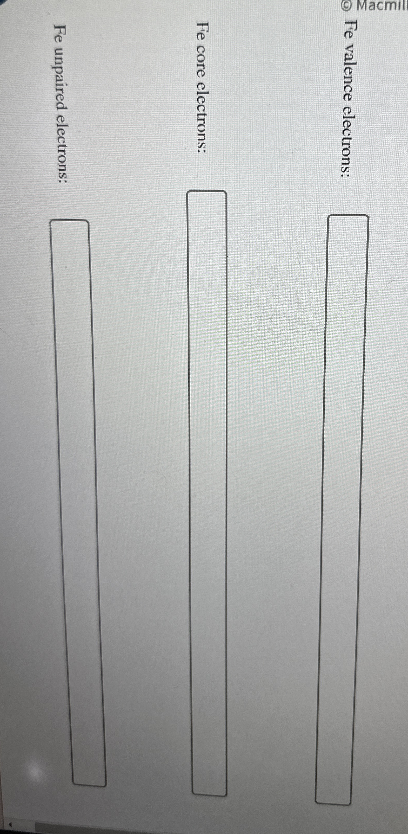 Solved Fe valence electrons:Fe core electrons:Fe unpaired | Chegg.com