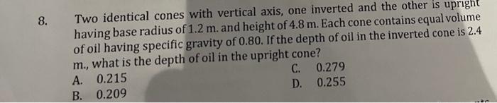 Solved 8. Two identical cones with vertical axis, one | Chegg.com