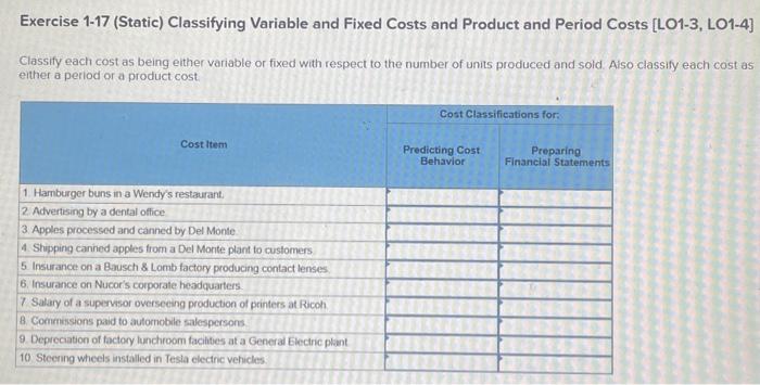 Solved Exercise 1-17 (Static) Classifying Variable and Fixed | Chegg.com