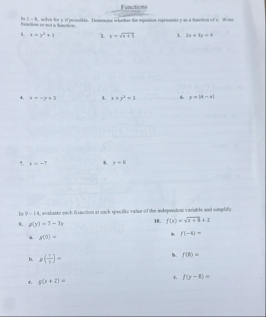 Solved FunctionsIn 1-8, ﻿solve for y ﻿if possible. Determine | Chegg.com