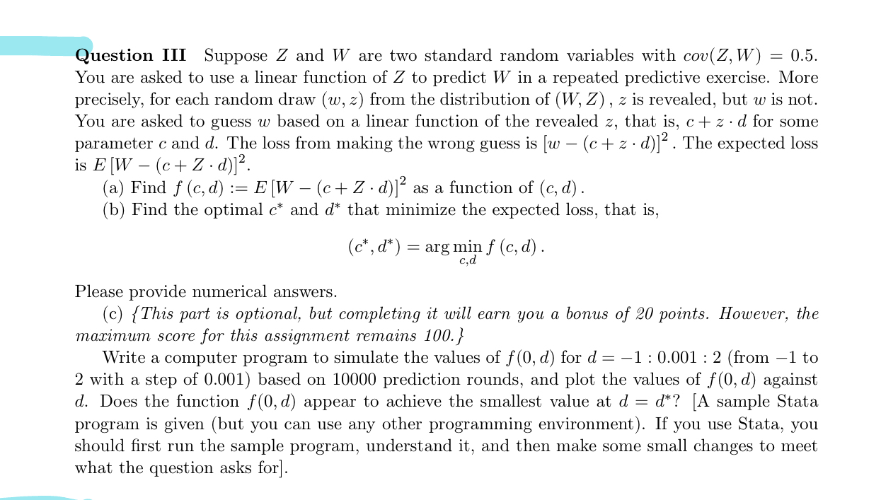 Question III Suppose Z ﻿and W ﻿are two standard | Chegg.com