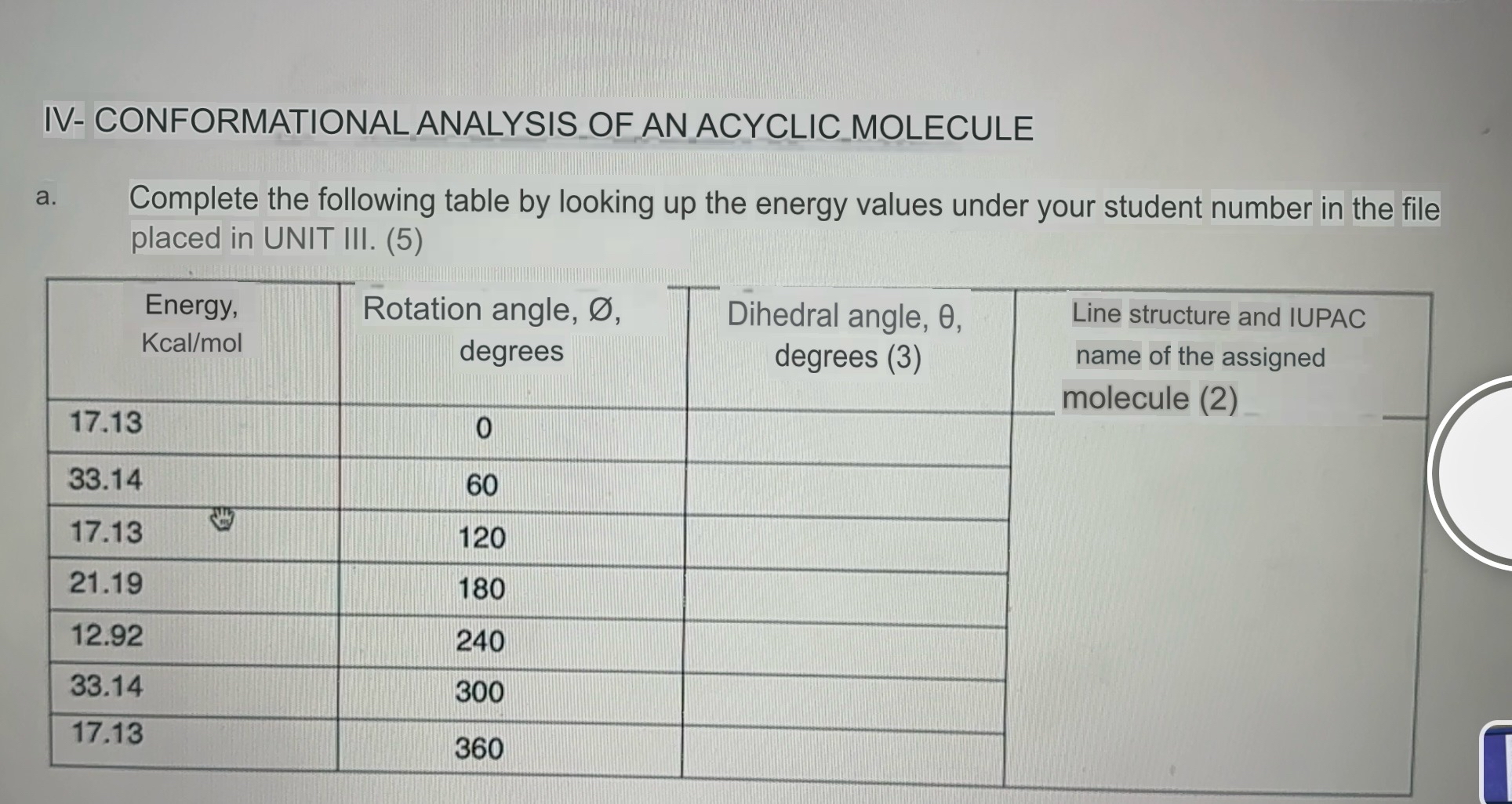 Solved IV- ﻿CONFORMATIONAL ANALYSIS OF AN ACYCLIC MOLECULEa. | Chegg.com