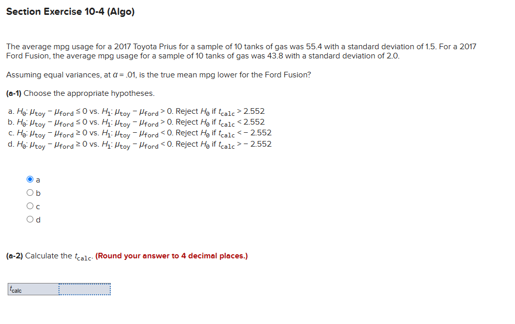 Solved Section Exercise 10-4 (Algo)The average mpg ﻿usage | Chegg.com