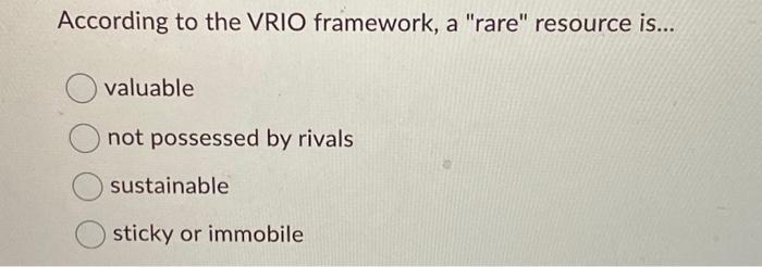 Solved According to the VRIO framework, a "rare" resource | Chegg.com
