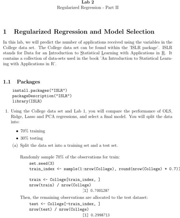 Solved Lab 2 Regularized Regression - Part II Regularized | Chegg.com