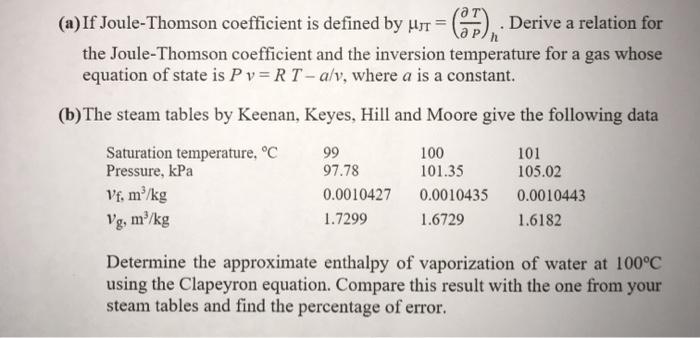 Solved (a)If Joule-Thomson coefficient is defined by us1 = | Chegg.com