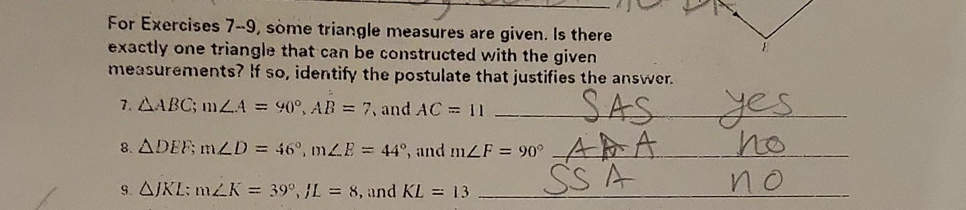 Solved For Exercises 7-9, some triangle measures are given. | Chegg.com