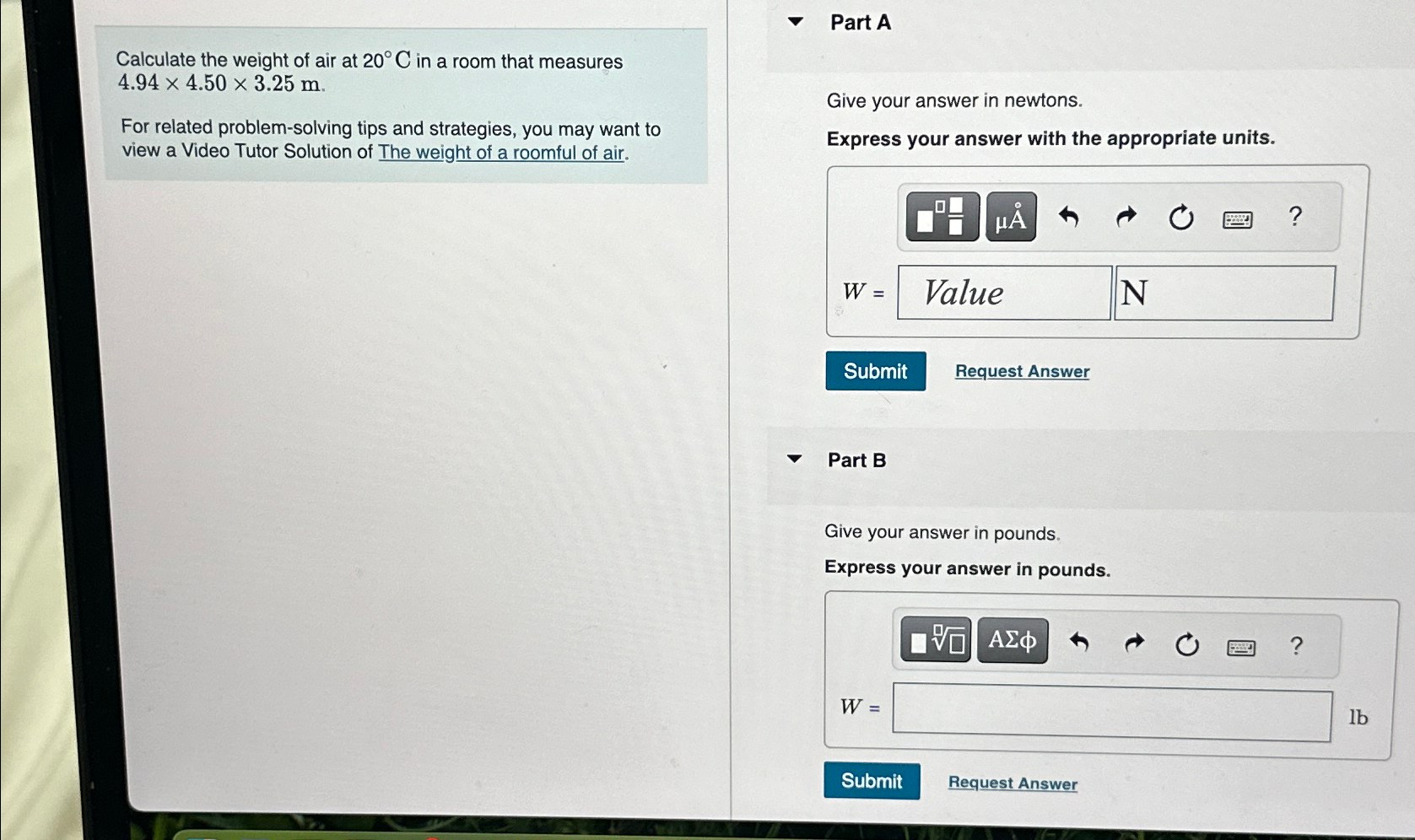 Solved Part ACalculate the weight of air at 20°C ﻿in a room | Chegg.com