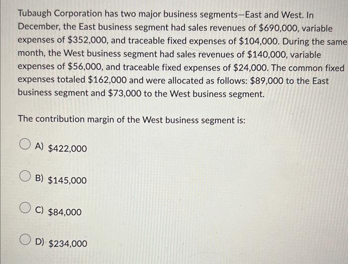 Solved Tubaugh Corporation has two major business | Chegg.com