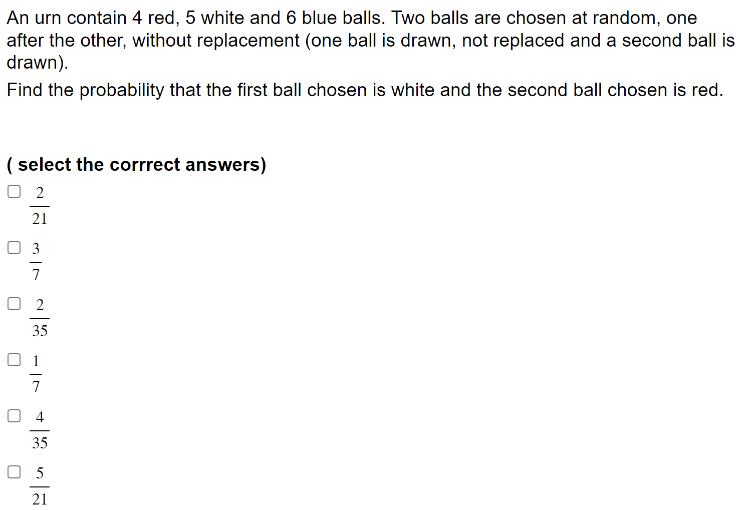 Solved An urn contain 4 ﻿red, 5 ﻿white and 6 ﻿blue balls. | Chegg.com