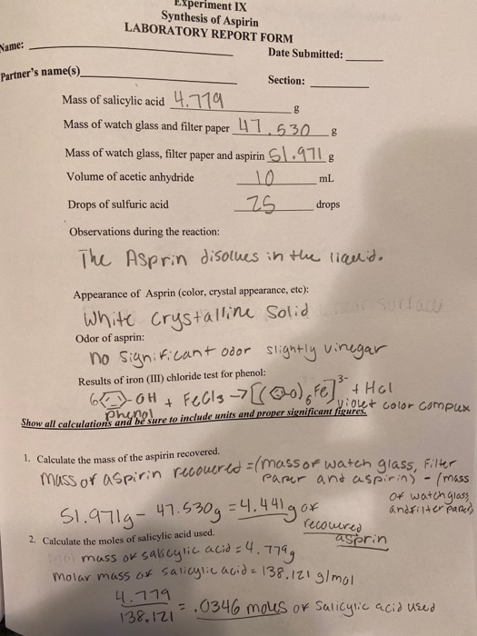 Solved Experiment IX Synthesis of Aspirin LABORATORY REPORT | Chegg.com