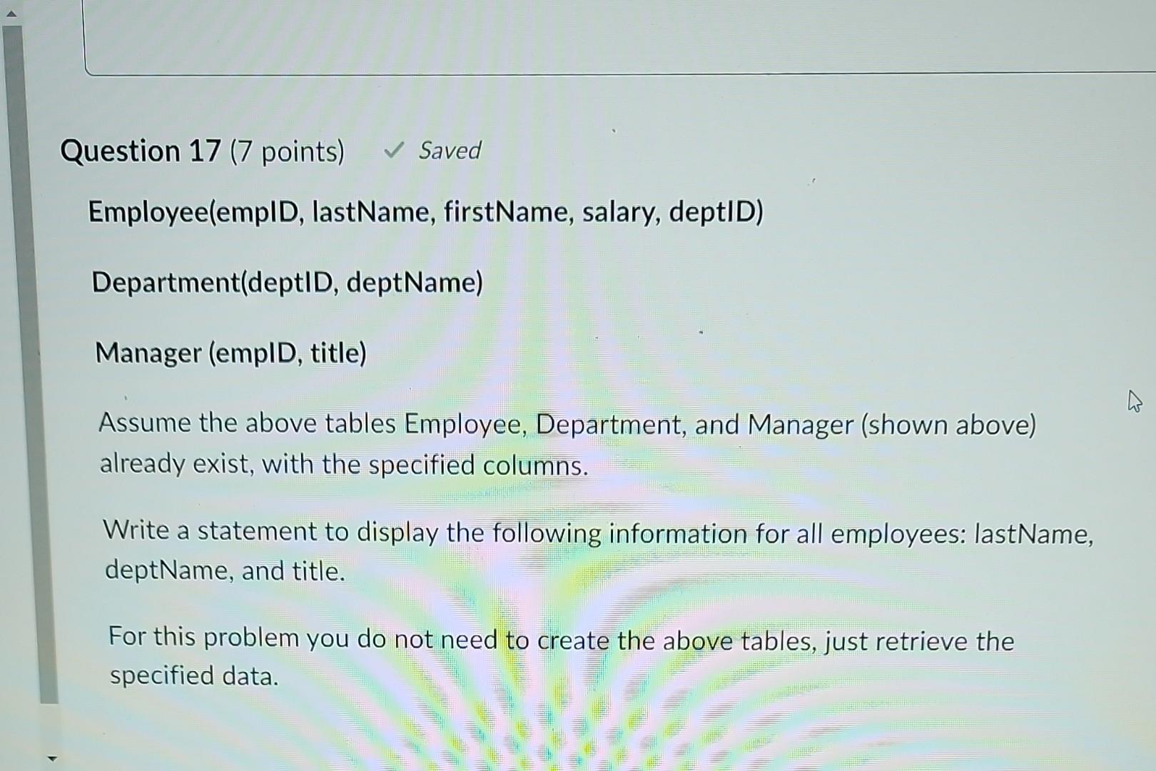 Solved Employee(empID, lastName, firstName, salary, deptID) | Chegg.com
