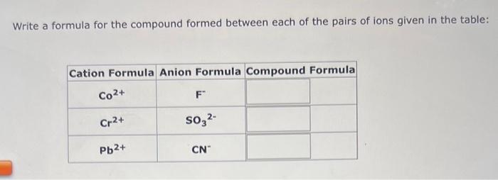 Solved Write a formula for the compound formed between each | Chegg.com