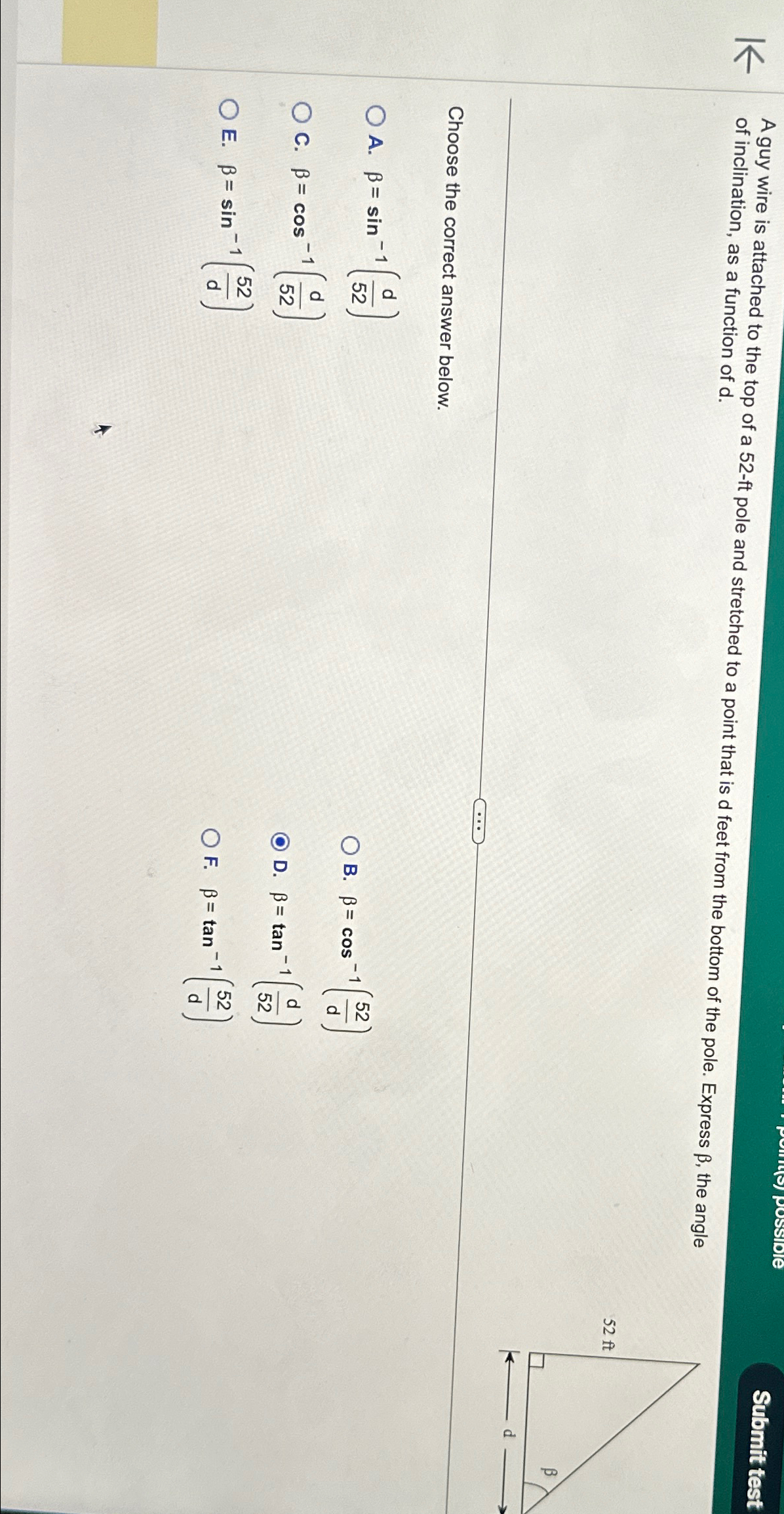 Solved A guy wire is attached to the top of a 52-ft ﻿pole | Chegg.com