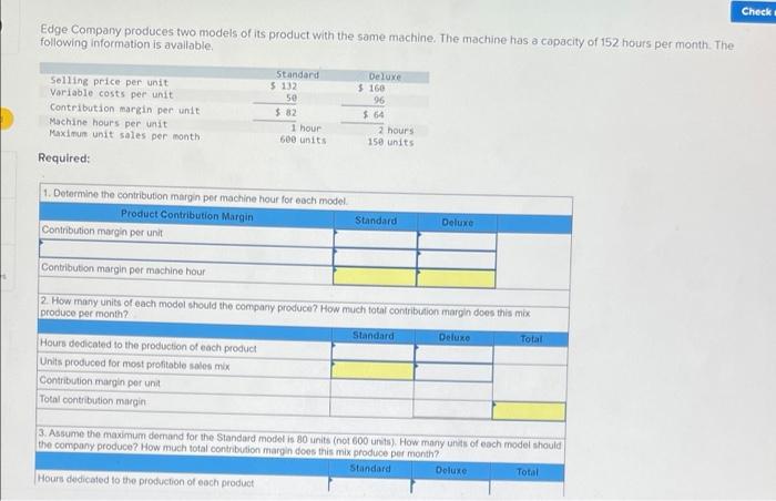 Solved Check Edge Company produces two models of its product | Chegg.com