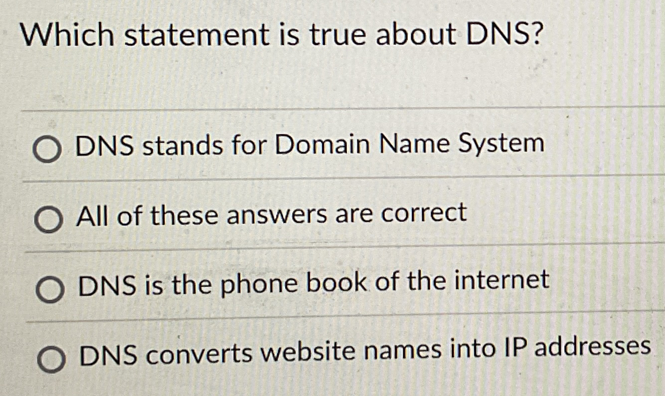 Solved Which statement is true about DNS?DNS stands for | Chegg.com