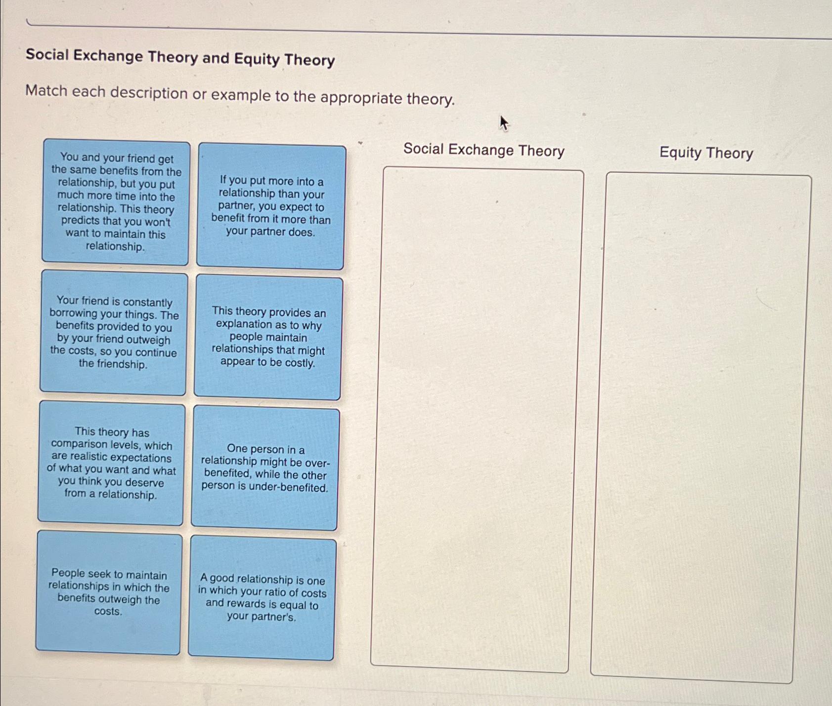 Solved Social Exchange Theory and Equity TheoryMatch each | Chegg.com