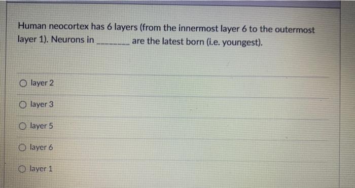 Solved Human neocortex has 6 layers (from the innermost | Chegg.com