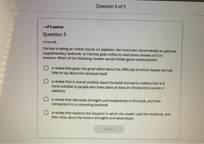 Solved Question 5 of 5 of 5 points Question 5 2 tries left | Chegg.com