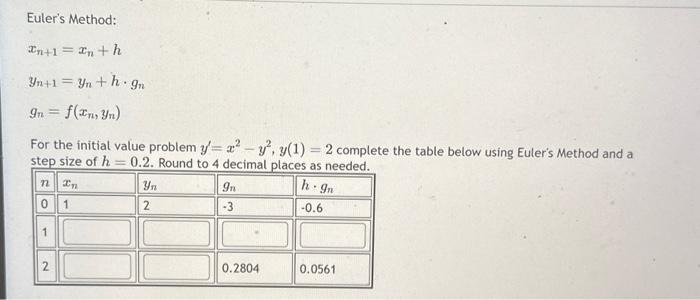 Solved Euler's Method: xn+1=xn+hyn+1=yn+h⋅gngn=f(xn,yn) For | Chegg.com