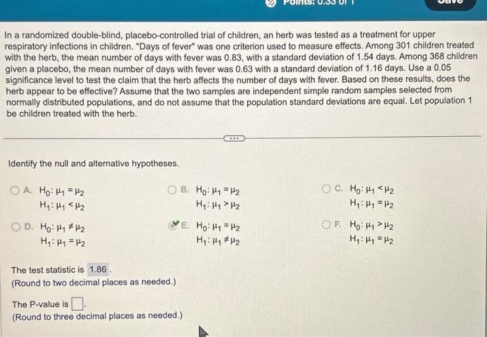 Solved In a randomized double-blind, placebo-controlled | Chegg.com