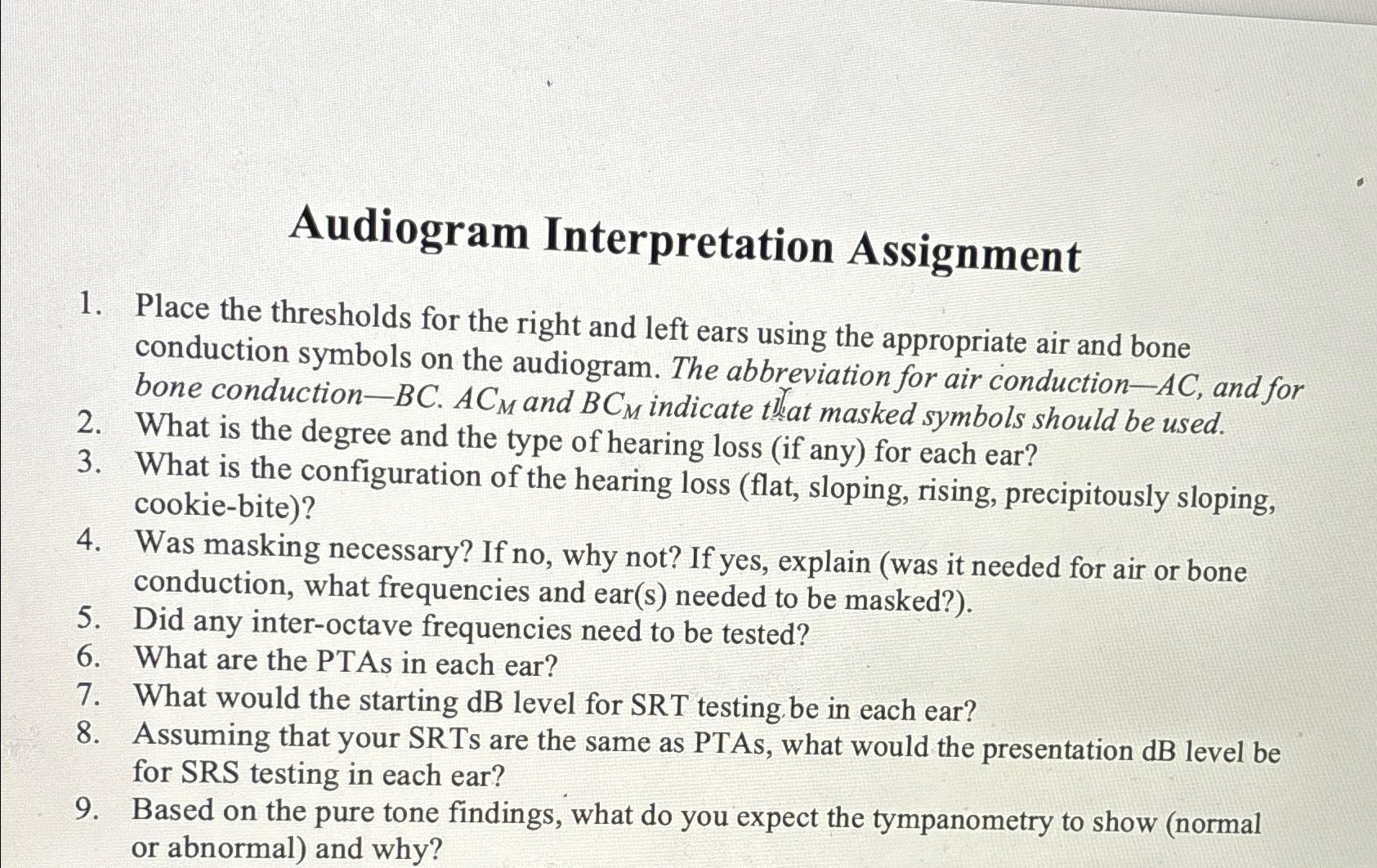 Solved Audiogram Interpretation AssignmentPlace the | Chegg.com