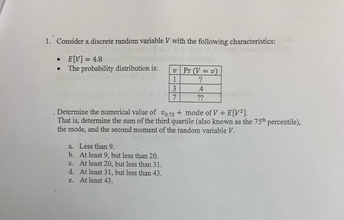 Solved 1. Consider a discrete random variable V with the | Chegg.com