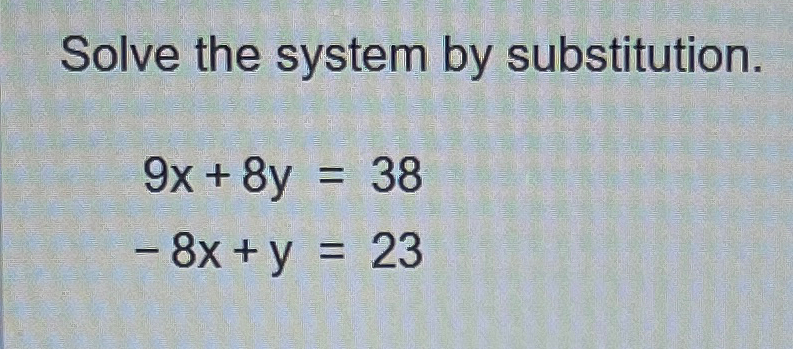 Solved Solve the system by substitution.9x+8y=38-8x+y=23 | Chegg.com