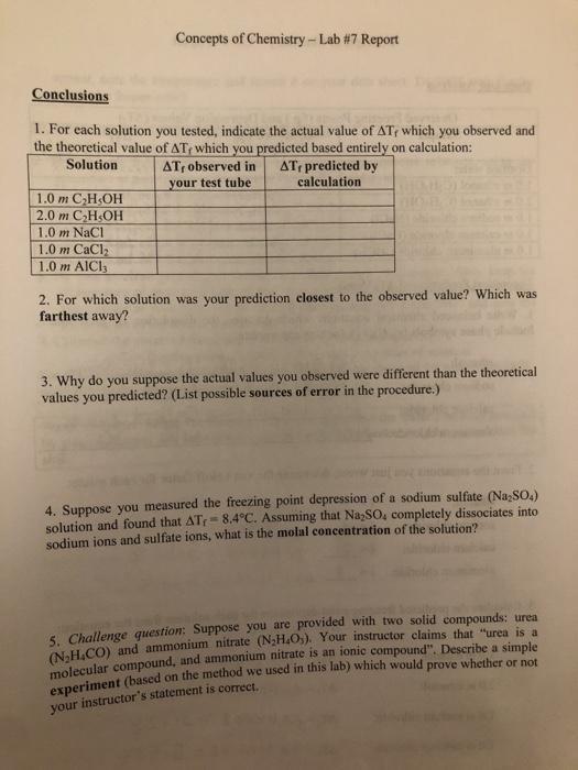 Solved Concepts of Chemistry - Lab #7 Report Conclusions 1. | Chegg.com
