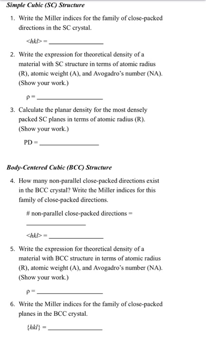 Solved Simple Cubic (SC) Structure 1. Write the Miller | Chegg.com