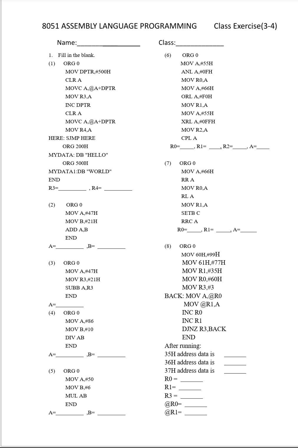 Solved 8051 ASSEMBLY LANGUAGE PROGRAMMING Class | Chegg.com