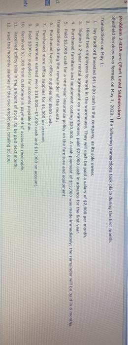 Solved Problem 2-03A a-c (Part Level Submission) Sheffield | Chegg.com