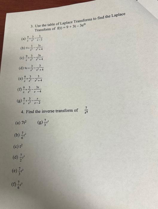 Solved 3. Use the table of Laplace Transforms to find the | Chegg.com
